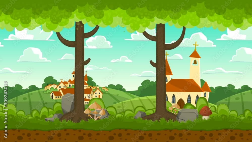 Looped spring village landscape, vector cartoon motion grapic ...