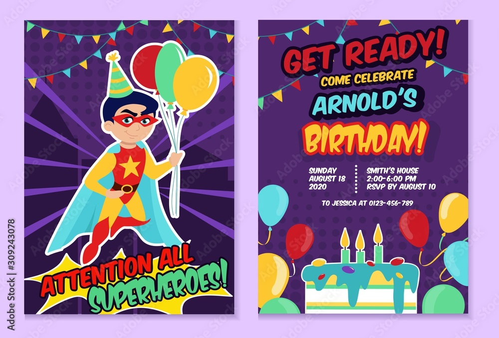 Superhero party festive template with cute boy vector illustration ...