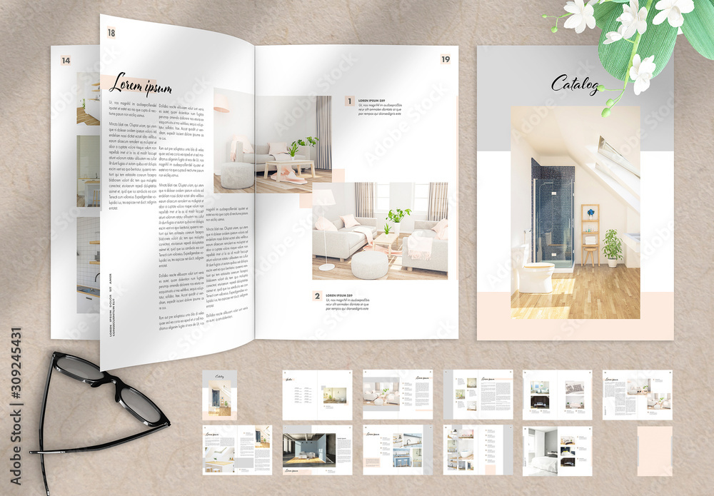 Furniture Catalog Layout with Grey and Pale Orange Accents Stock ...
