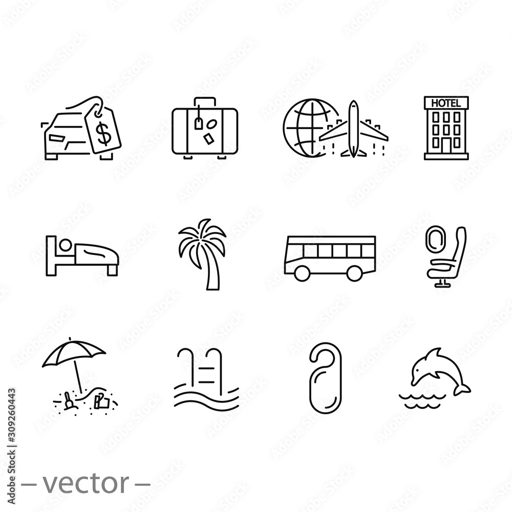 Summer travel and relax icon set, traveling and transport signs ...