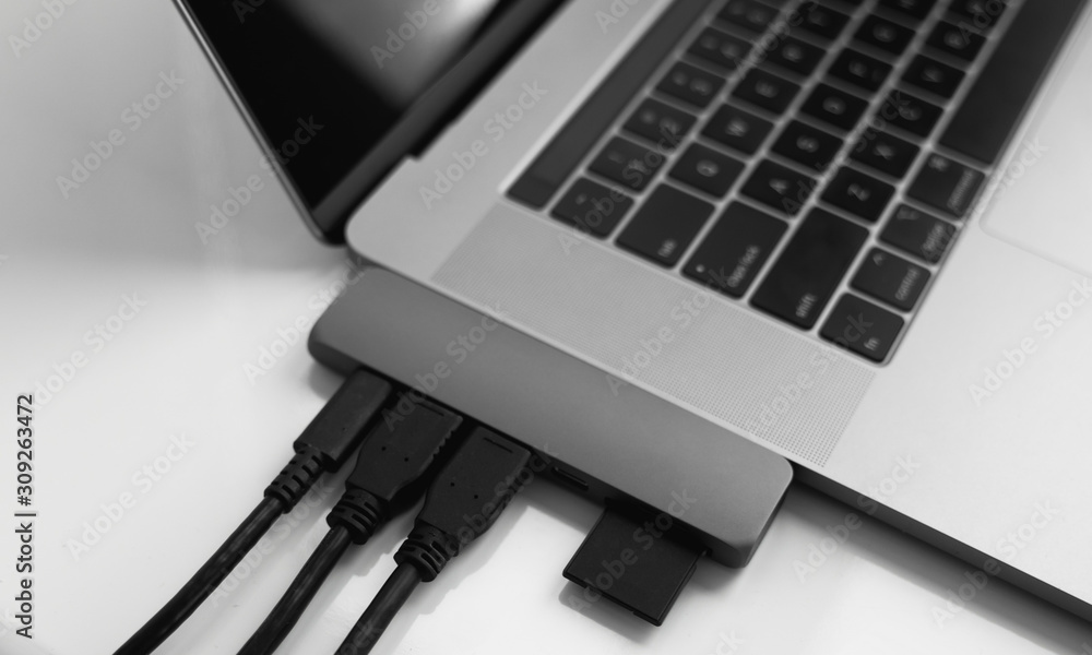 Laptop with USB Type-C adapter with pluged USB cables and SD card. The ...
