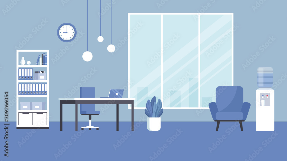 Blue office room. Workplace. Background. Stock Vector | Adobe Stock