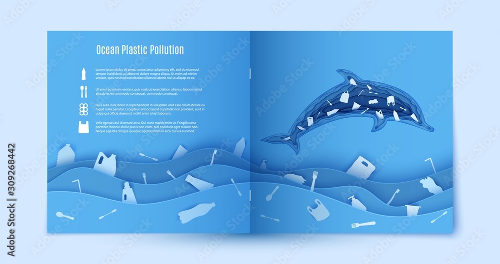 Paper carve stop ocean plastic pollution blue flyer template. Sample ...