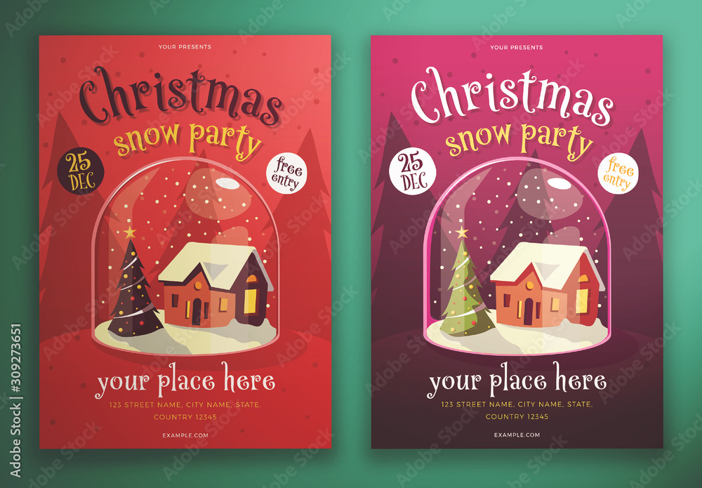 Christmas Party Event Flyer Layout with Snowglobe Illustrations Stock ...