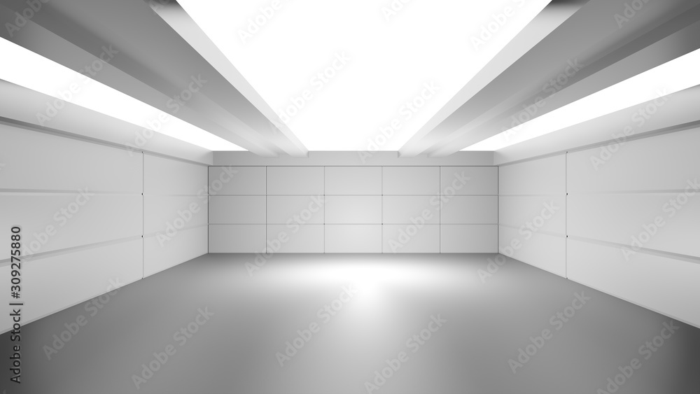 3D rendreing futuristic architectural design of a room with large block ...