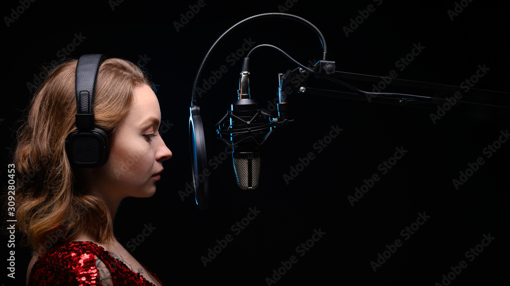Girl singer sings into a microphone, with a spectacular background ...