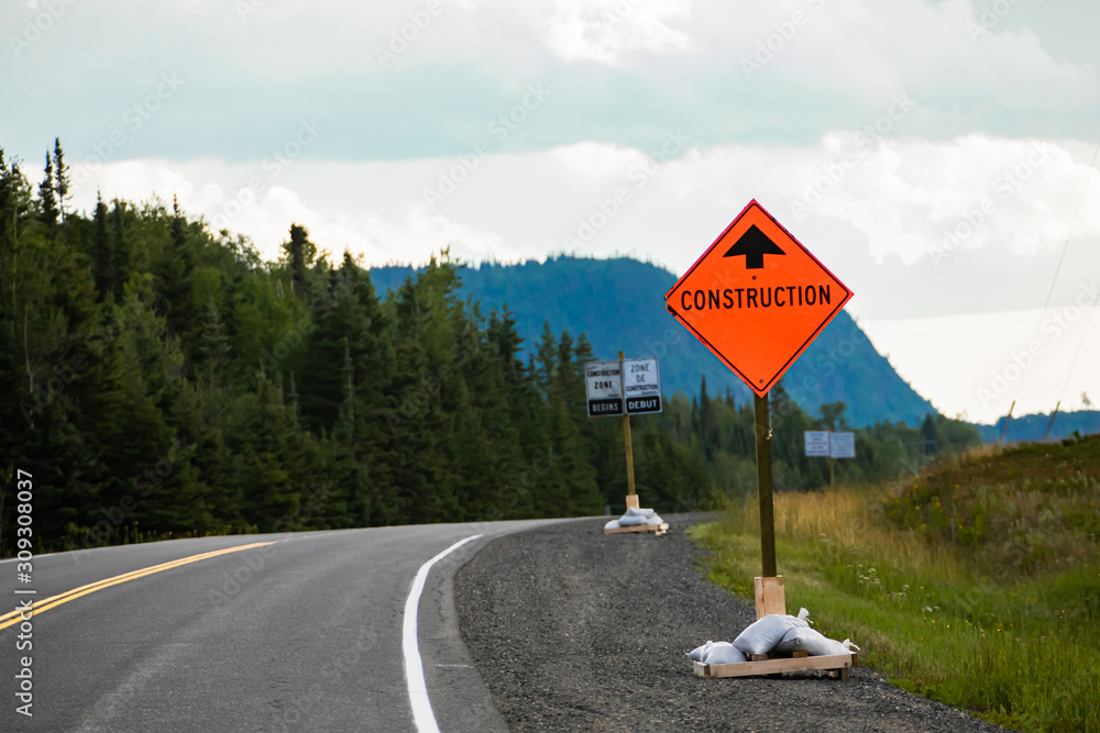 Temporary condition road signs, Construction work. on Canadian rural ...