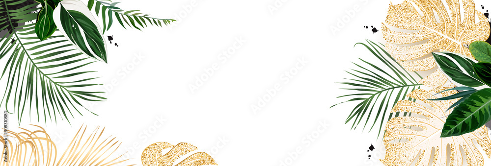 Tropical banner arranged from exotic emerald and golden glitter leaves ...
