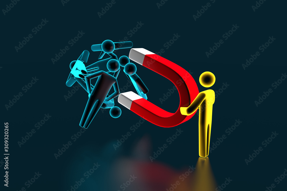 Person's Hand Pulling Human 3d Figures With Horseshoe Magnet. Business ...