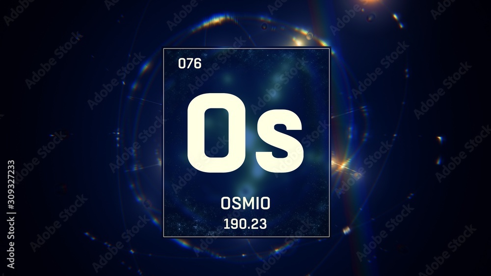 3D illustration of Osmium as Element 76 of the Periodic Table. Blue ...