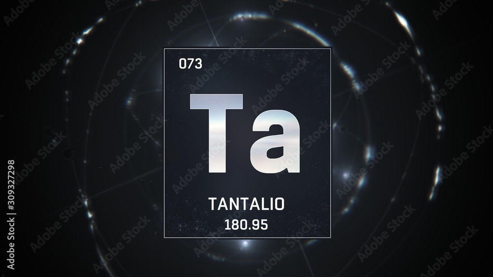3D illustration of Tantalum as Element 73 of the Periodic Table. Silver ...