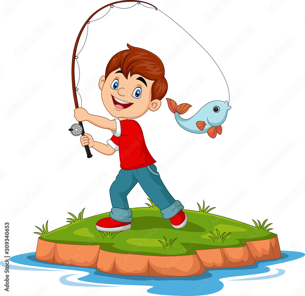 Illustration of cartoon happy boy fishing Stock Vector | Adobe Stock