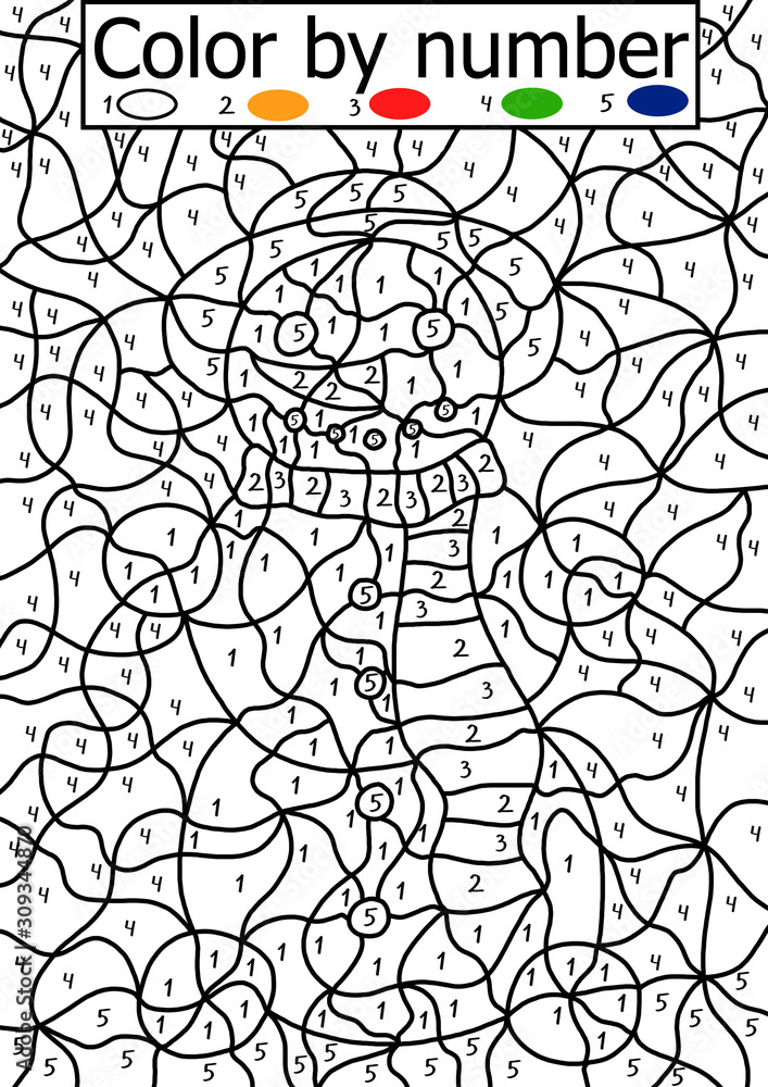 Color by number printable paper game for kids. Happy snowman with scarf ...