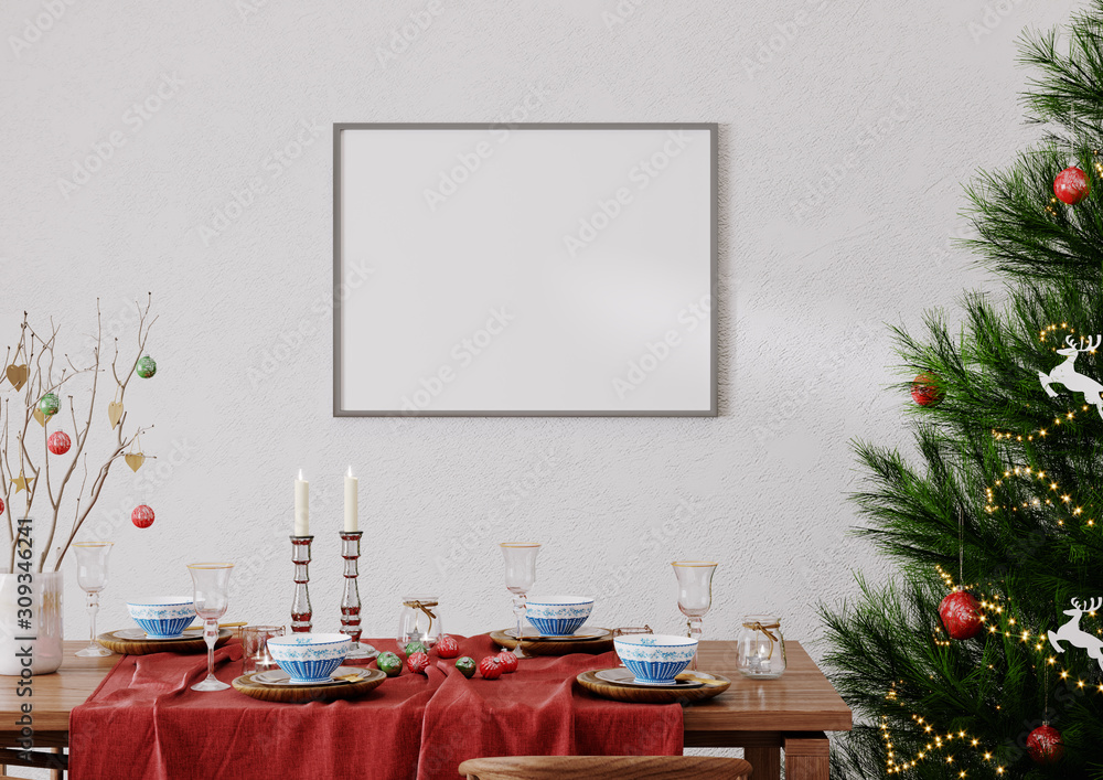 Christmas dining room with a Christmas tree and Christmas dinner table ...