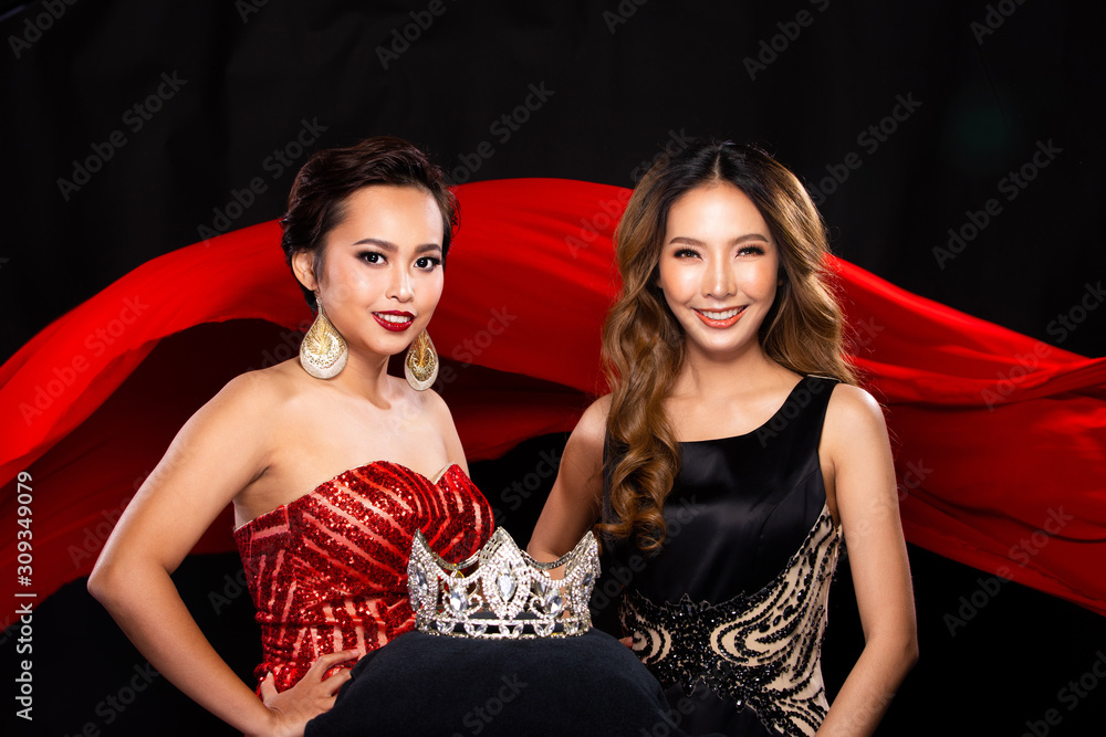 Two Finalist of Miss Beauty Pageant Queen Contestants happy smile for a ...