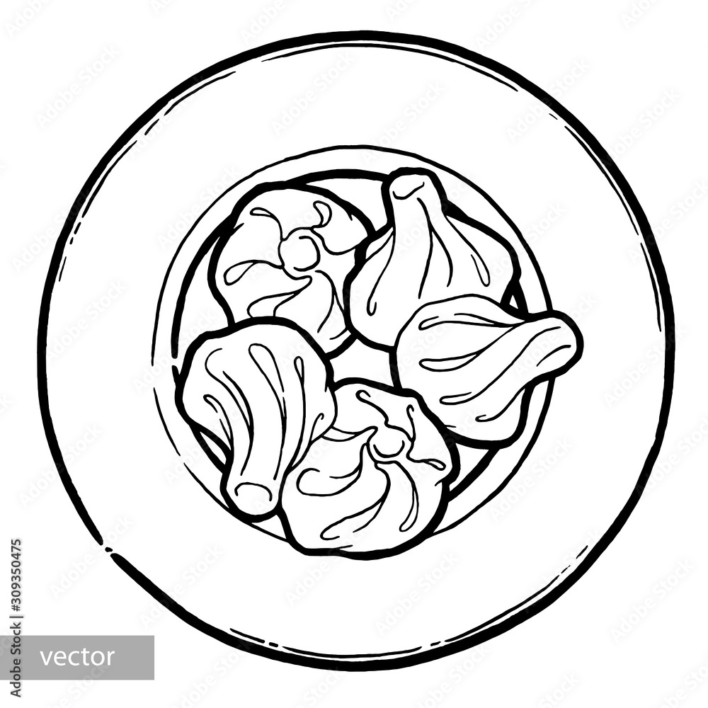 Khinkali, hinkali on a plate. Georgian menu cuisine. Ink hand drawing ...