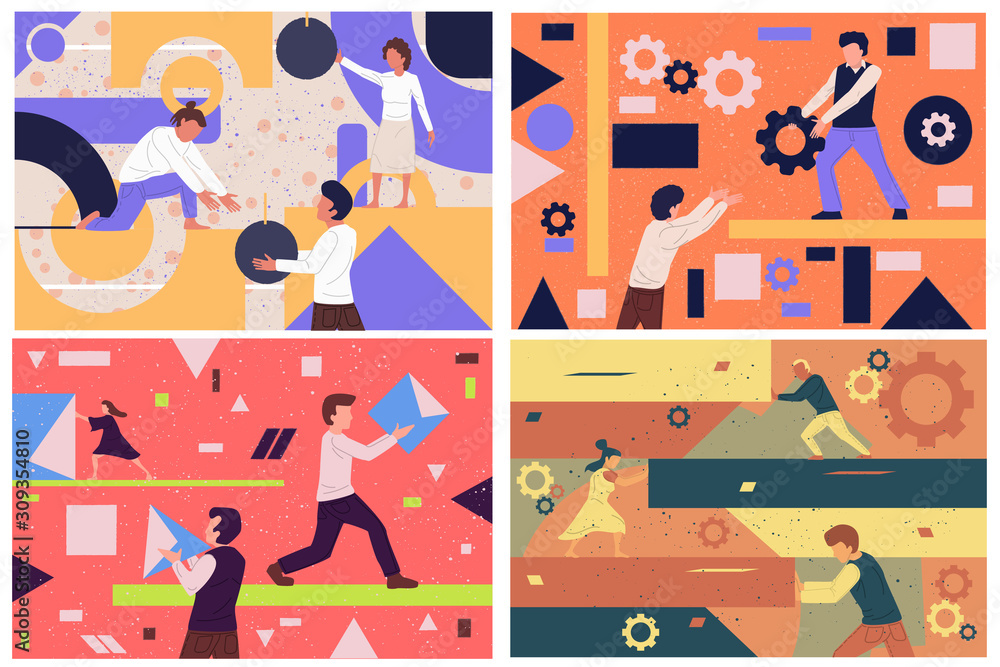 Teamwork flat illustrations set. Coworkers characters communication ...