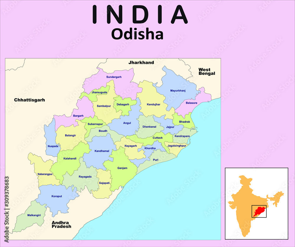Odisha Map With Border Odisha All District Map Vector Illustration Odisha Map With Border Odisha All District Map Vector Illustration