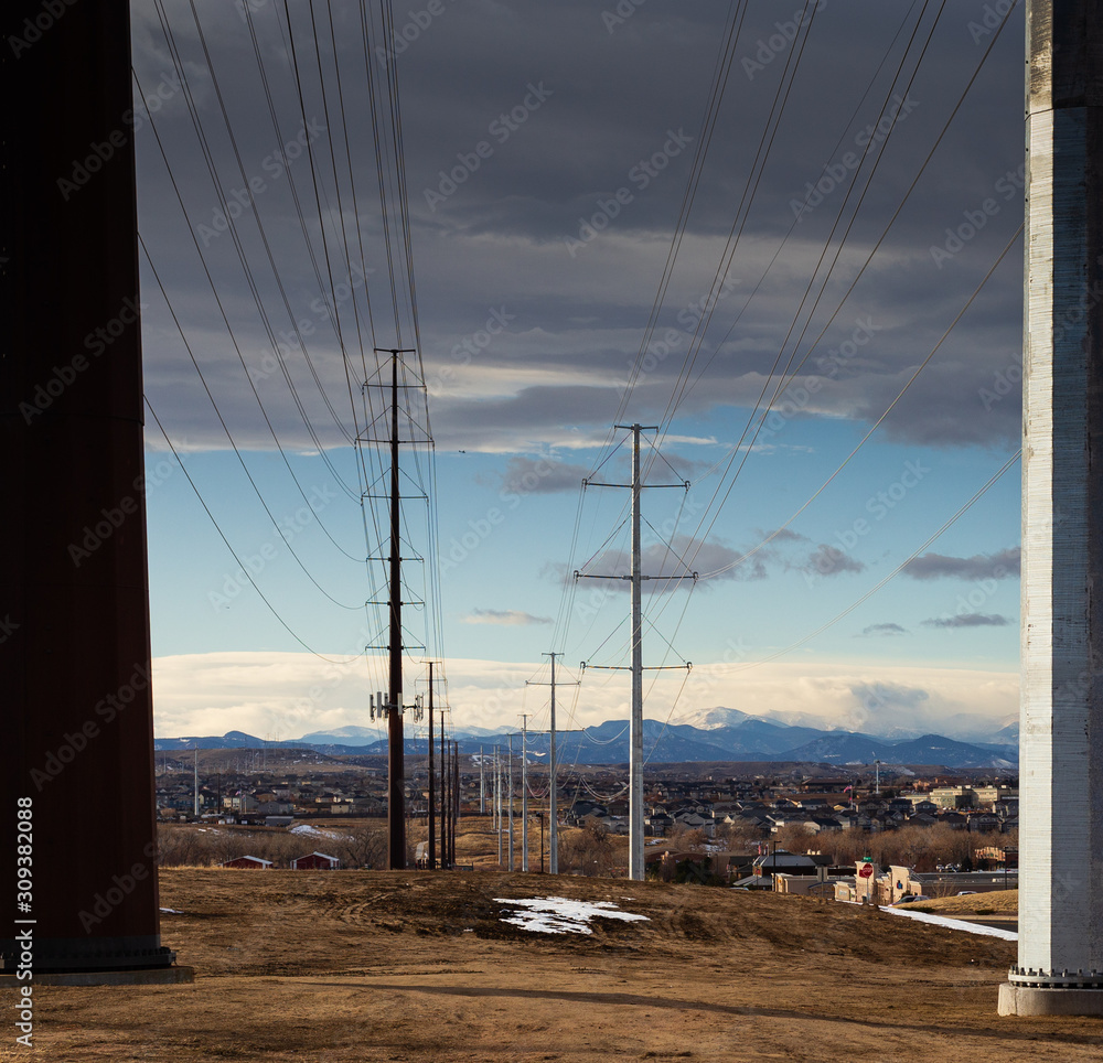 Massive powerline in Parker, Colorado with a view of Denver's front ...