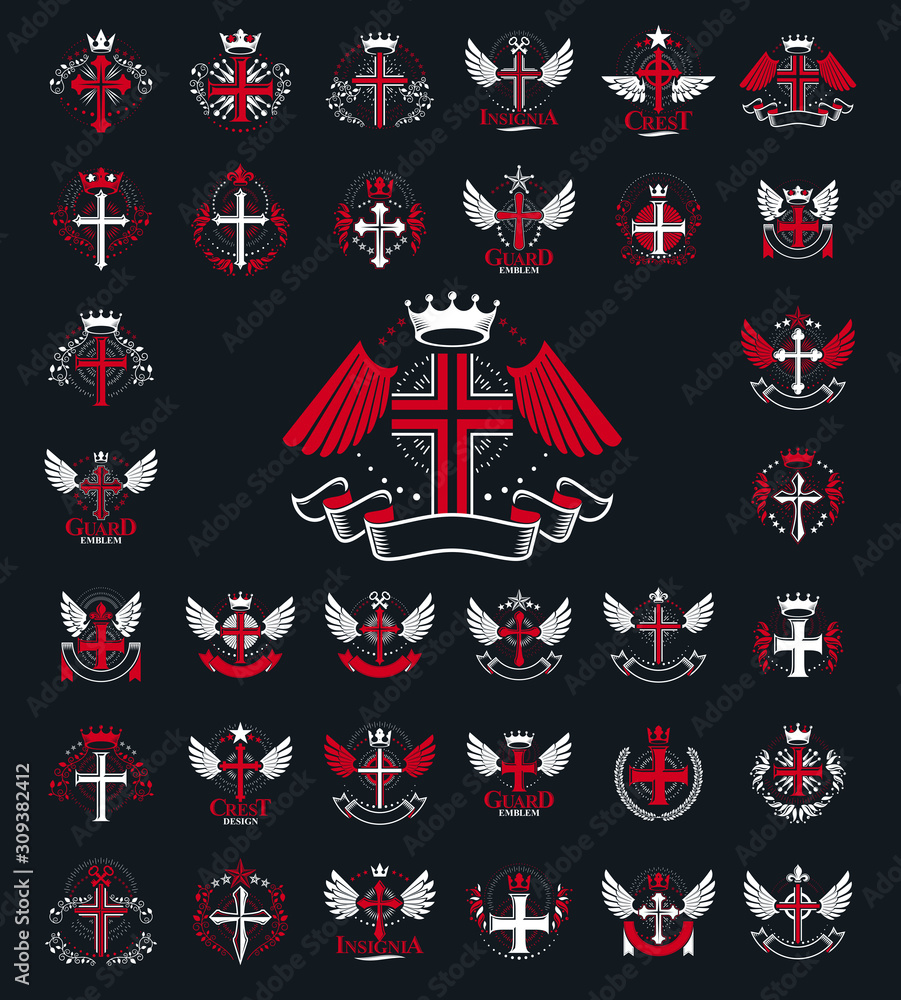 Vintage Christian crosses vector logos or emblems, heraldic design ...