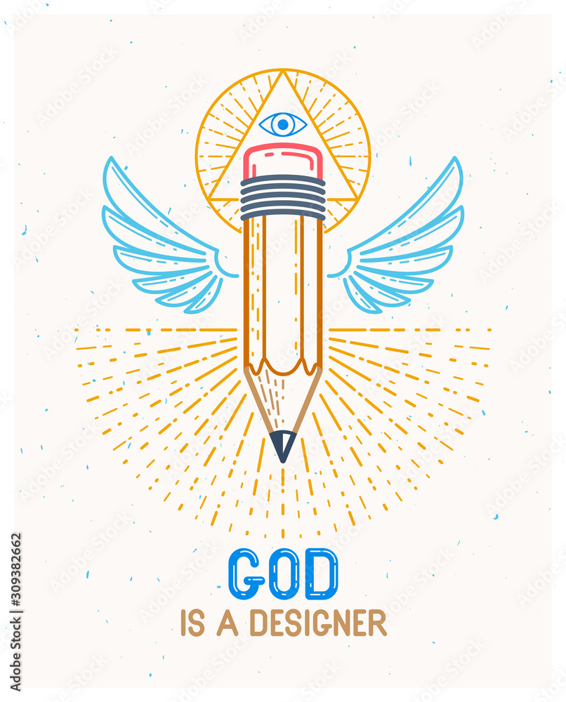God is a designer concept, pencil with wings and all seeing eye of God ...