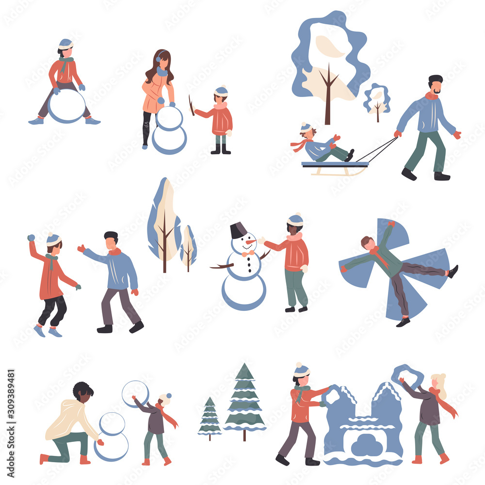 People in winter clothes cartoon characters set. Wintertime activities ...