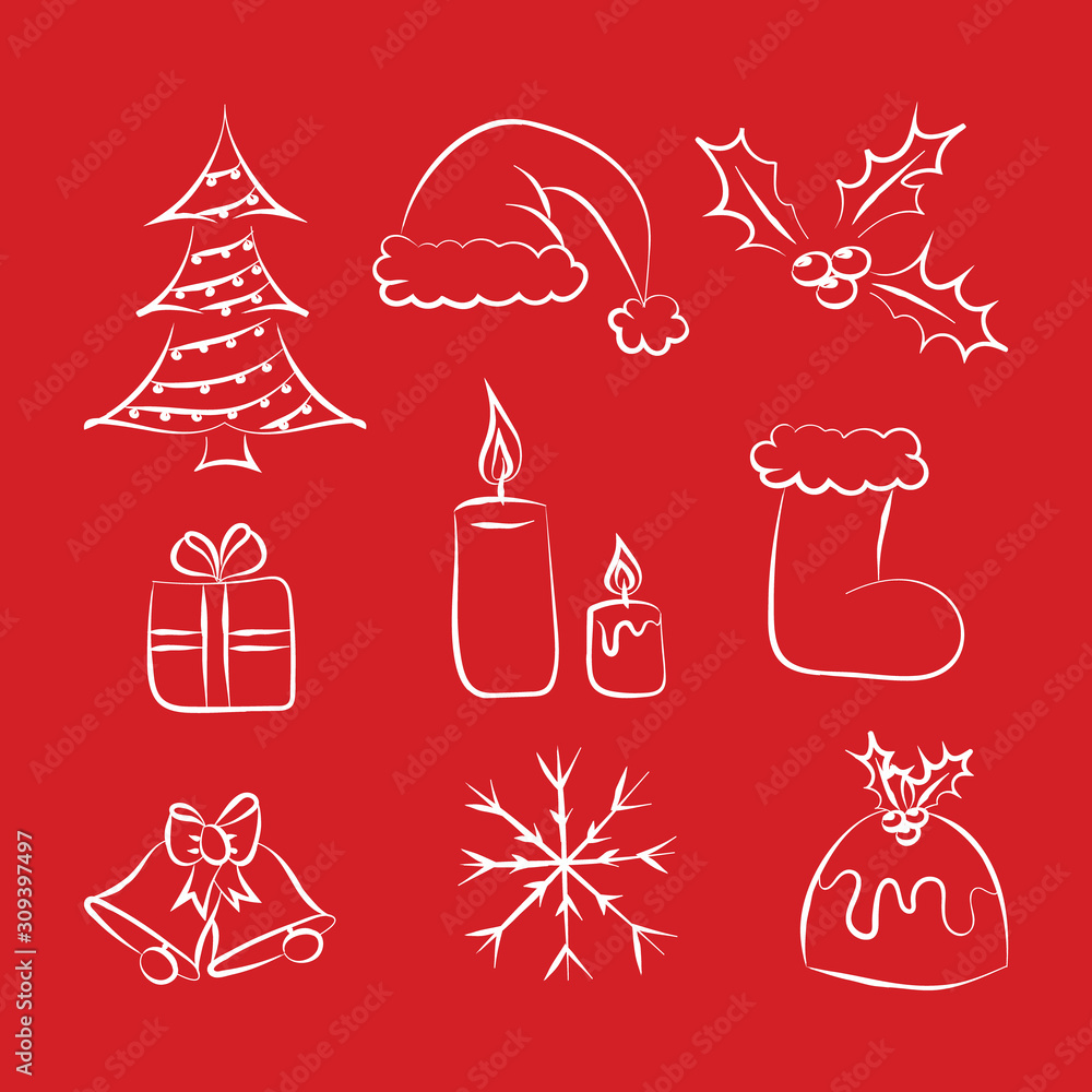 White christmas icon set on red background. Vector file with isolated ...