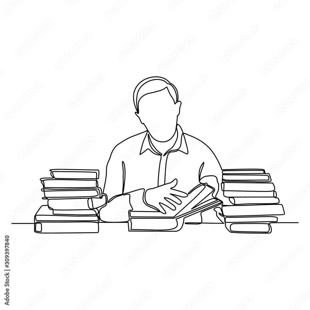 continuous line drawing of man reading book vector illustration Stock ...