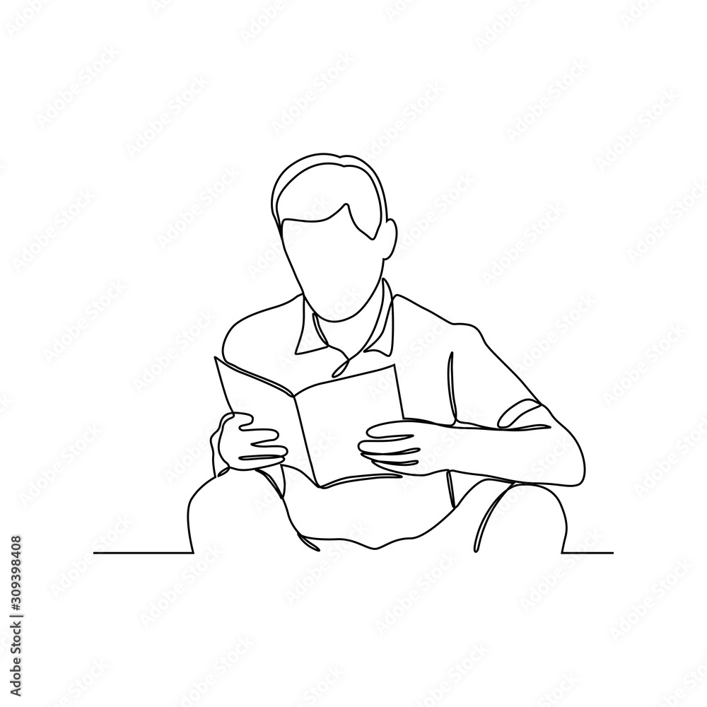 continuous line drawing of man reading book vector illustration Stock ...