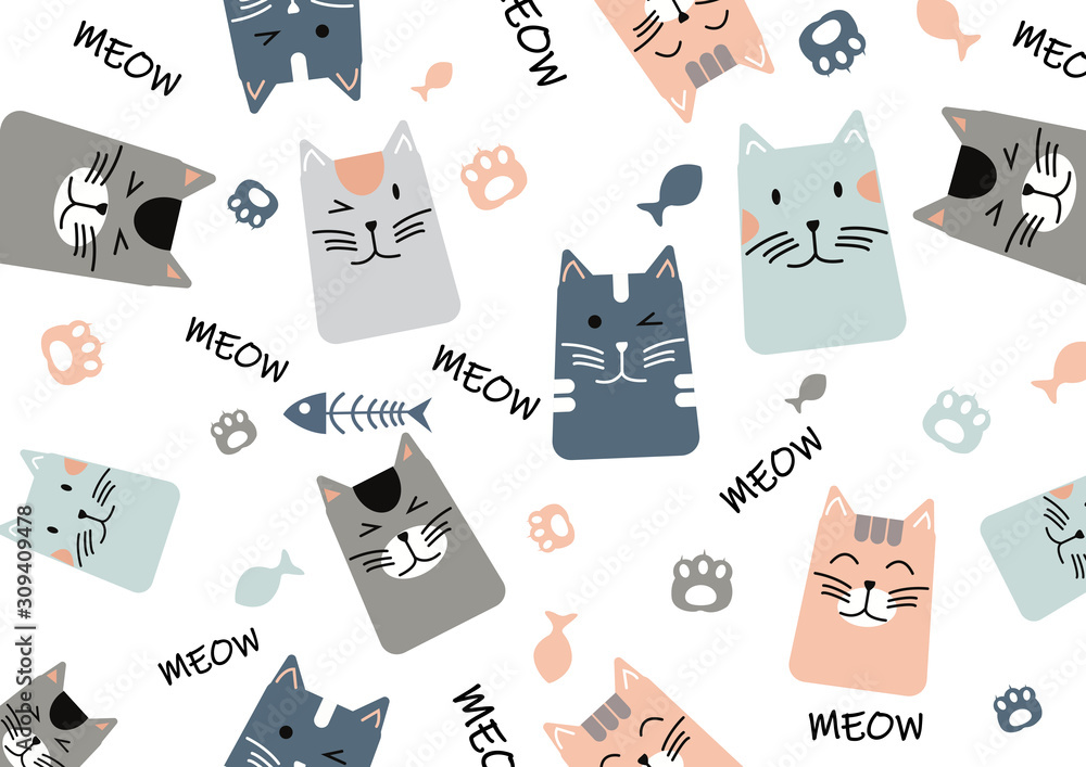 Cat pattern. Seamless texture of different cute kittens on whit ...