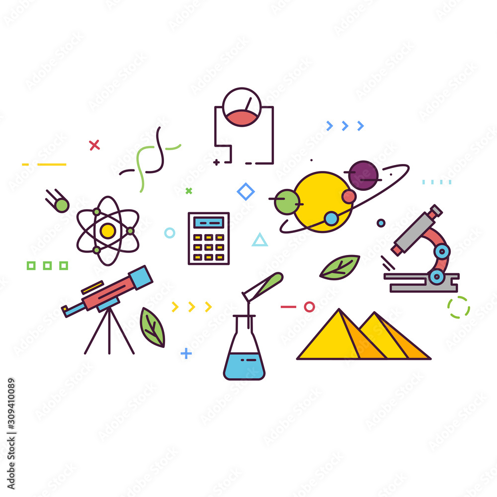 Science symbols and icons. Science banner line style illustration ...