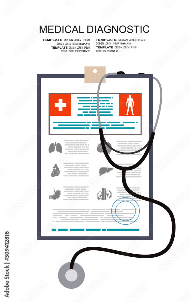 Medical checkup report data in flat design.Clipboard in his hand doctor ...