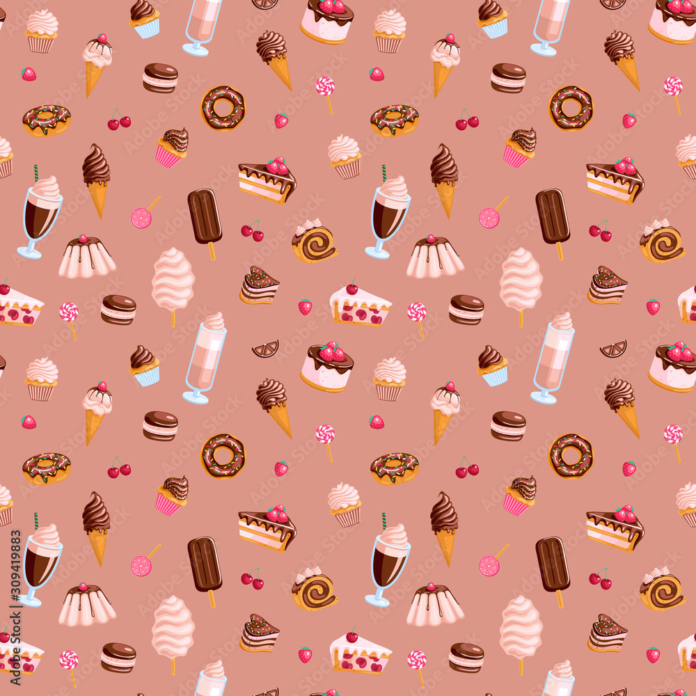 seamless pattern of chocolate sweet food. Donut, ice cream, muffins ...
