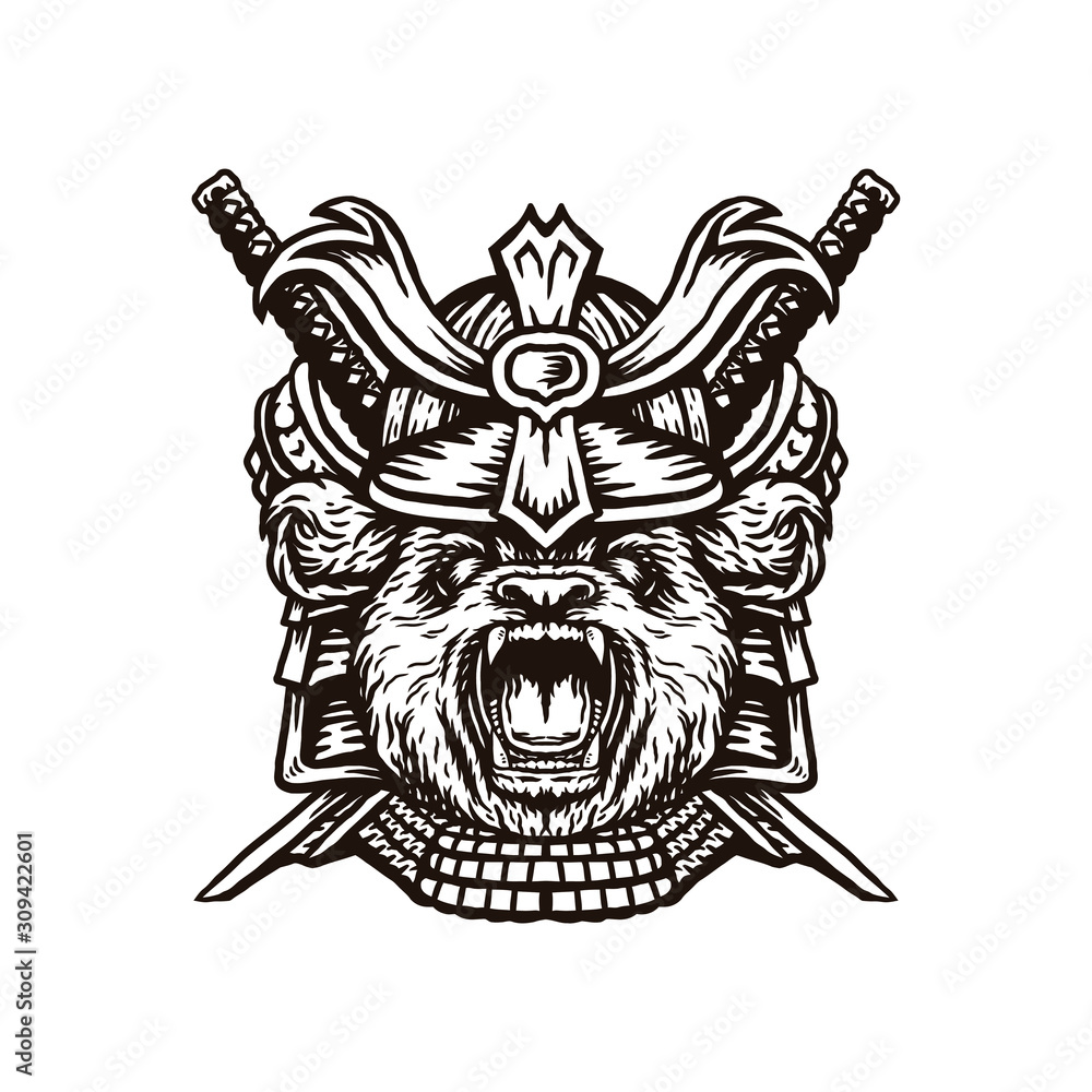 Samurai panda illustration using a hand drawing style continued with ...