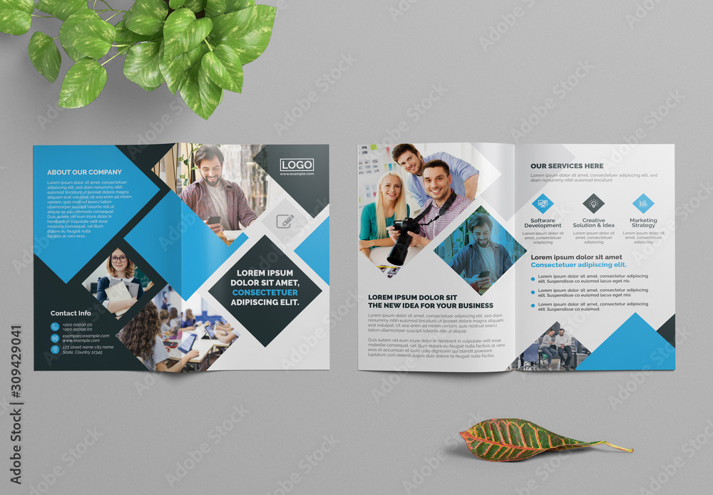 Dark Blue Bifold Business Brochure Layout with Light Blue Accents Stock ...