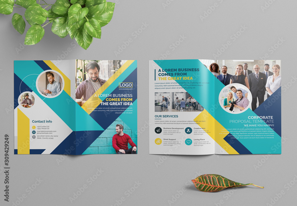 Business Brochure Layout with Blue and Yellow Geometric Elements Stock ...