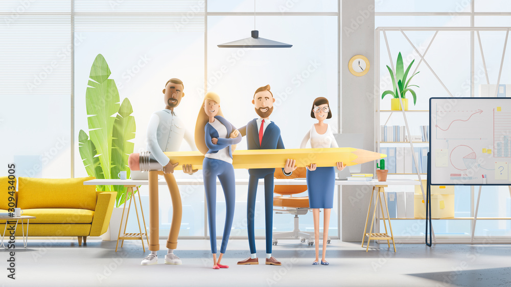 Creative team with big yellow pencil on white background. Cartoon ...