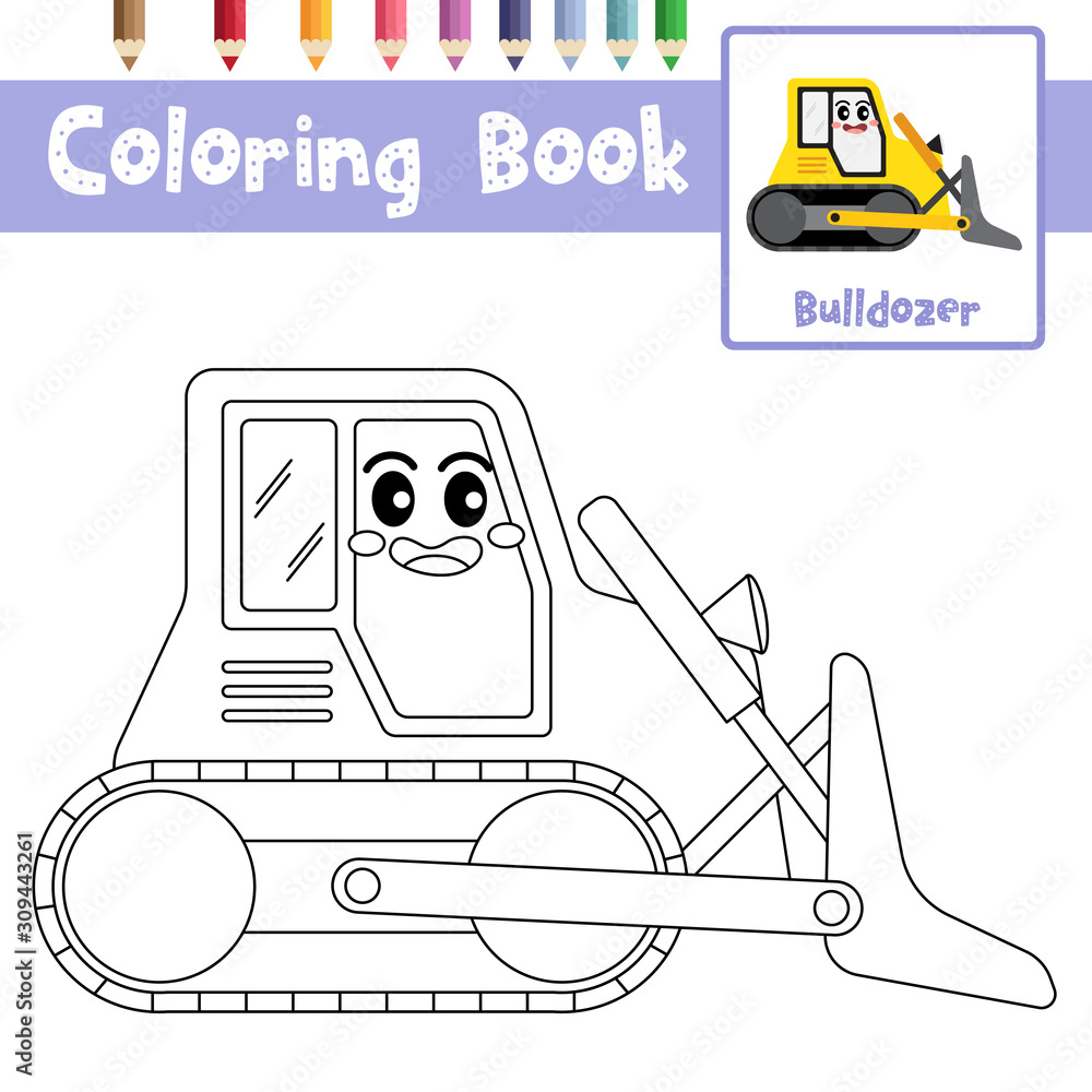 Coloring page Bulldozer cartoon character side view vector illustration ...