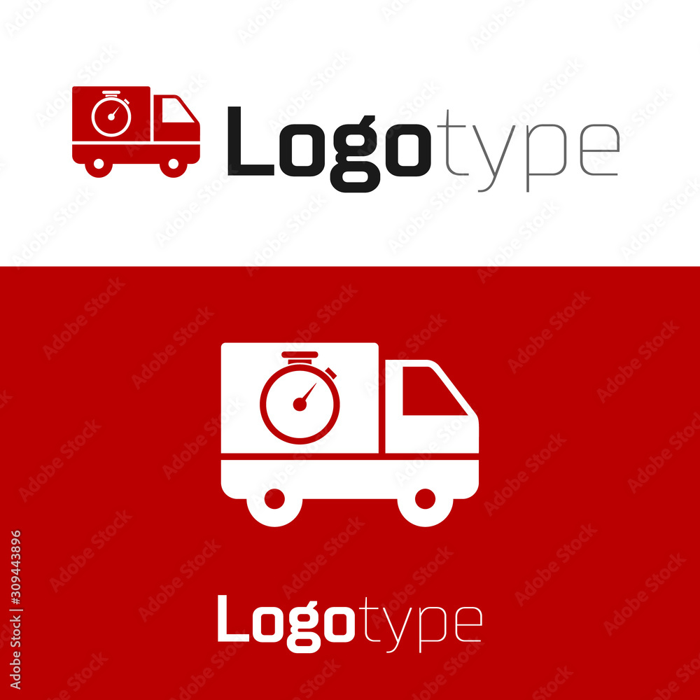 Red Logistics delivery truck and stopwatch icon isolated on white ...