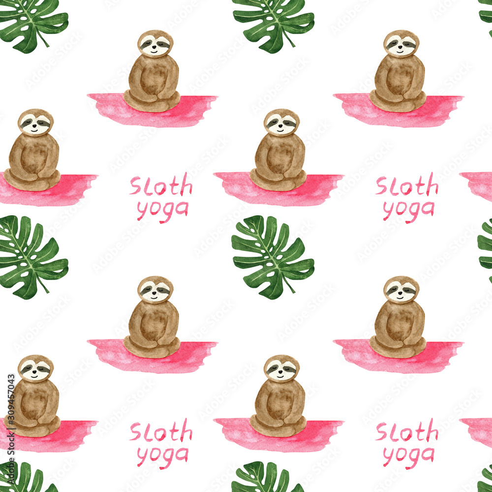 Adorable hand painted pattern with watercolor sloth sitting in yoga ...