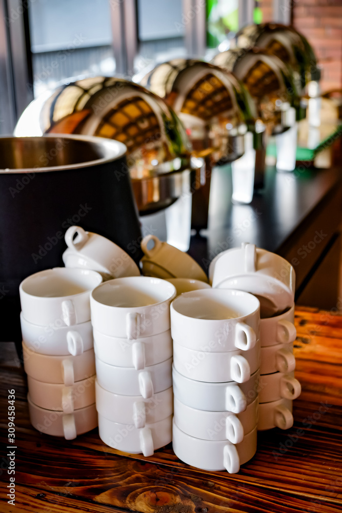 Stack of Ceramics White Cups Set in Neat and Tidy on Vintage Wooden ...