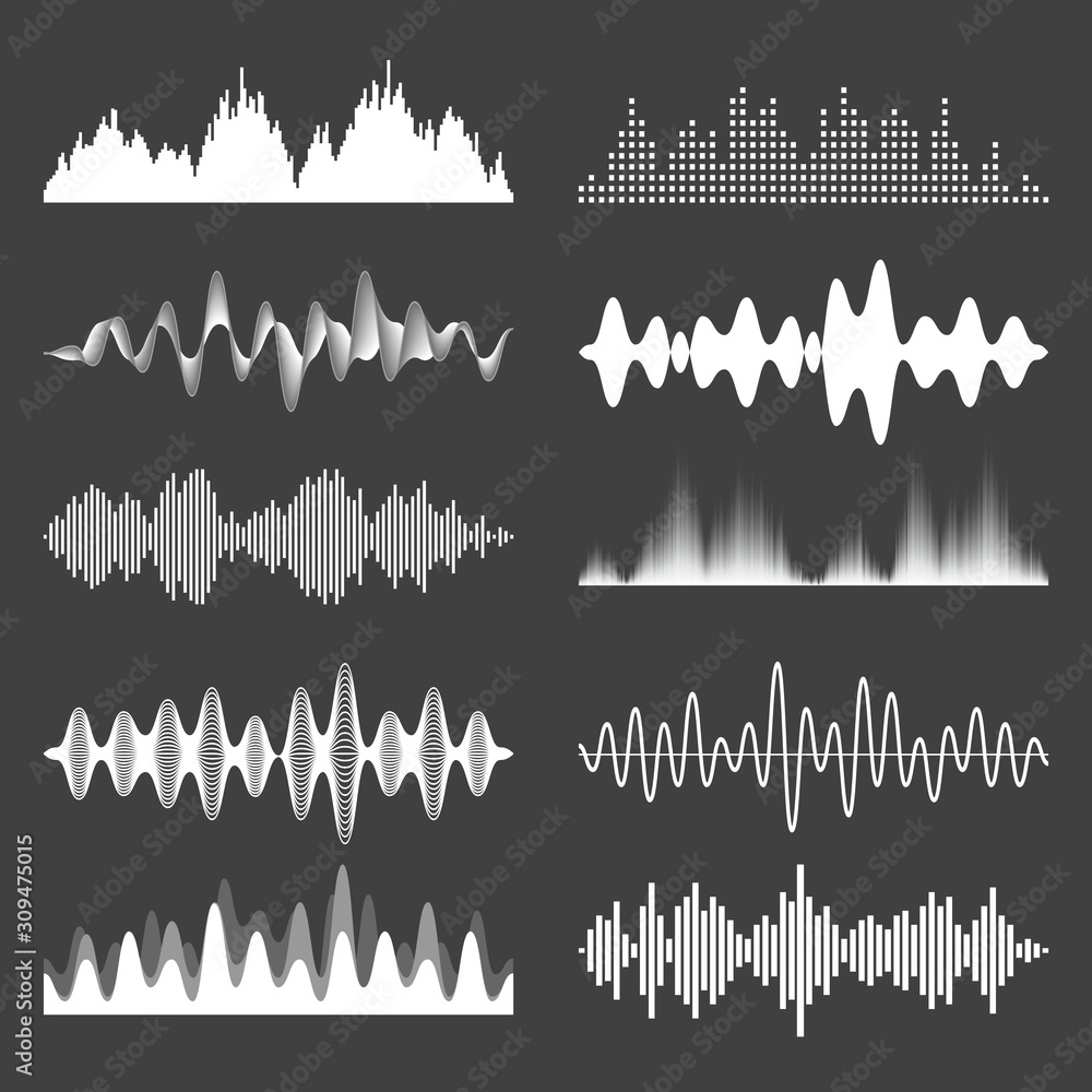 Sound waves collection. Analog and digital audio signal. Music ...