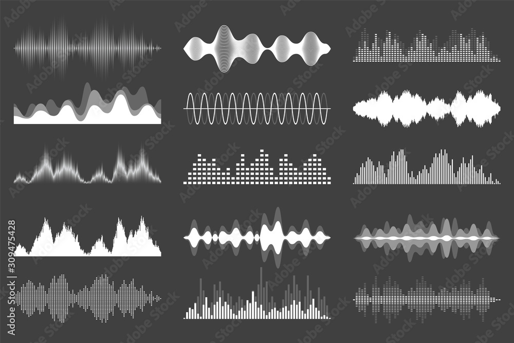 Sound waves collection. Analog and digital audio signal. Music ...