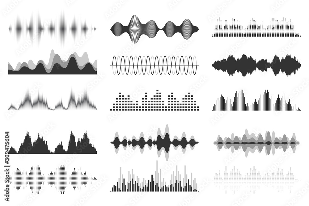 Sound waves collection. Analog and digital audio signal. Music ...