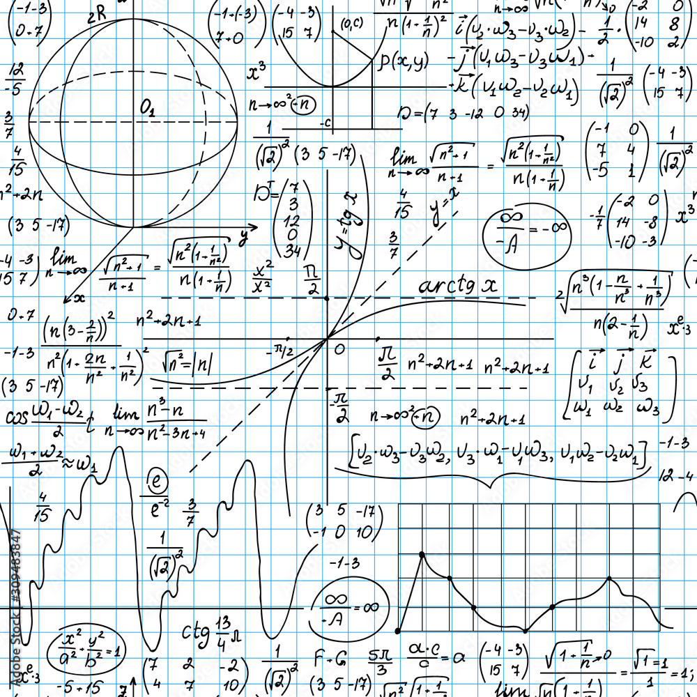 Math educational vector seamless background with handwritten formulas ...