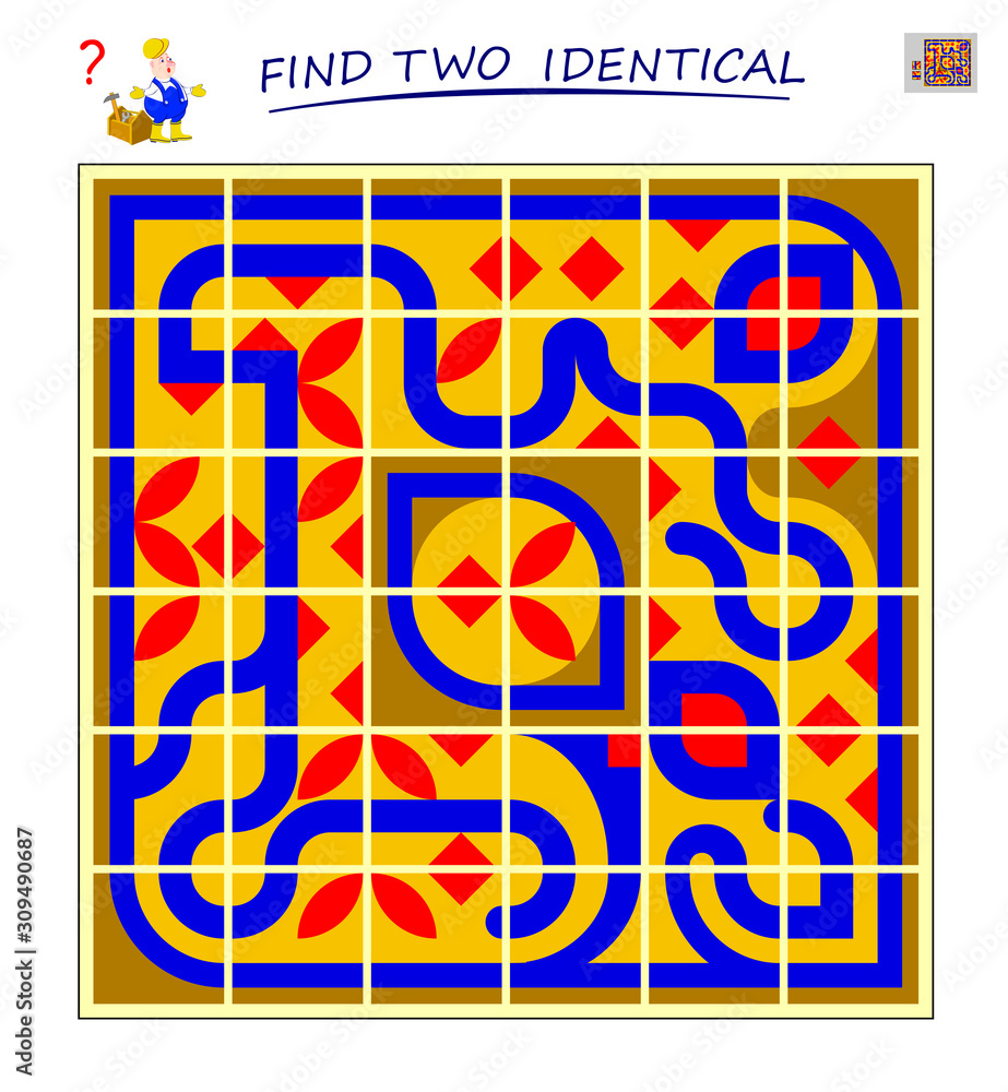 Logic puzzle game for children and adults. Help the worker find 2 identical tiles. Printable ...