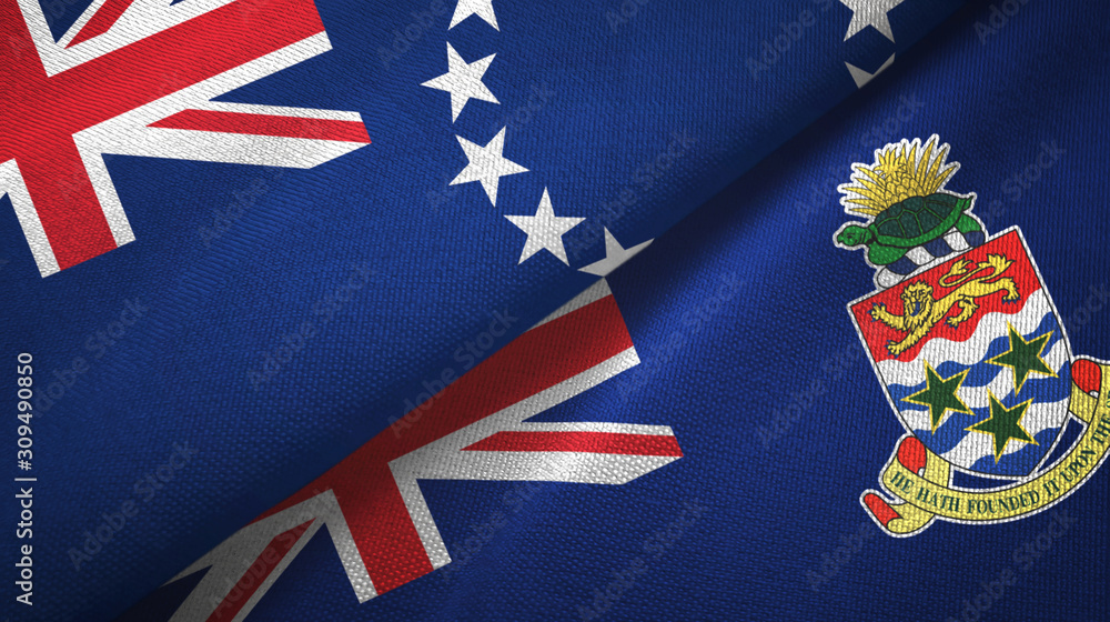Cook Islands and Cayman Islands two flags textile cloth, fabric texture ...