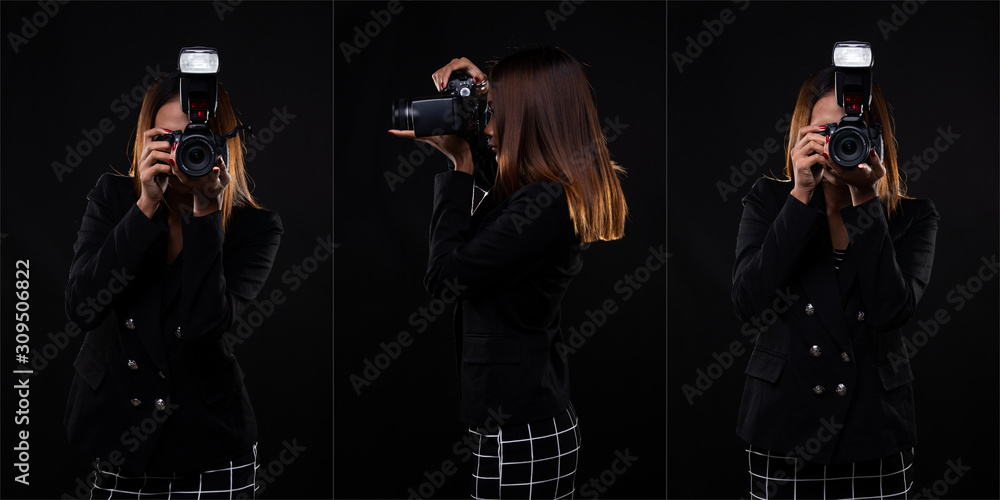 Woman Photographer hold camera dslr external flash point to shoot ...
