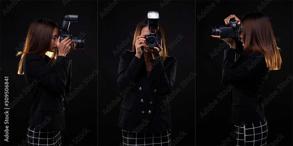 Woman Photographer hold camera dslr external flash point to shoot ...