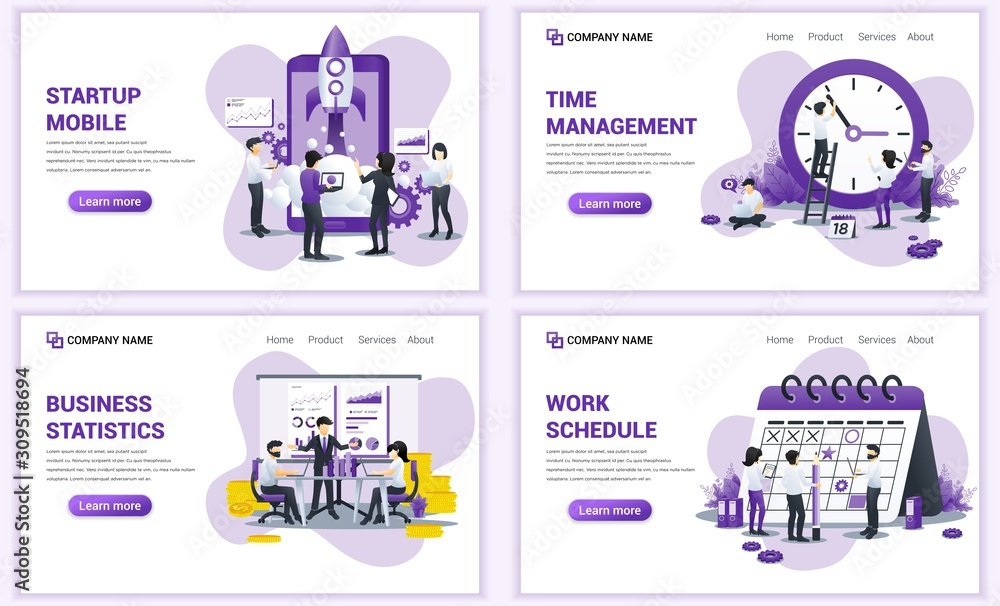 Set of web page design templates for startup, analysis, work schedule ...